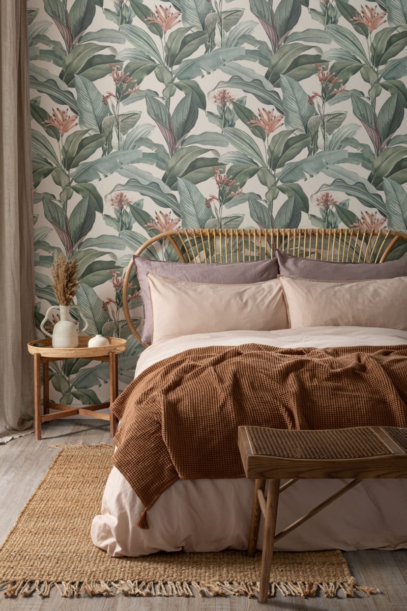 Peach & Green Vintage Tropical Repeat Pattern Wallpaper - Hovia - Hovia