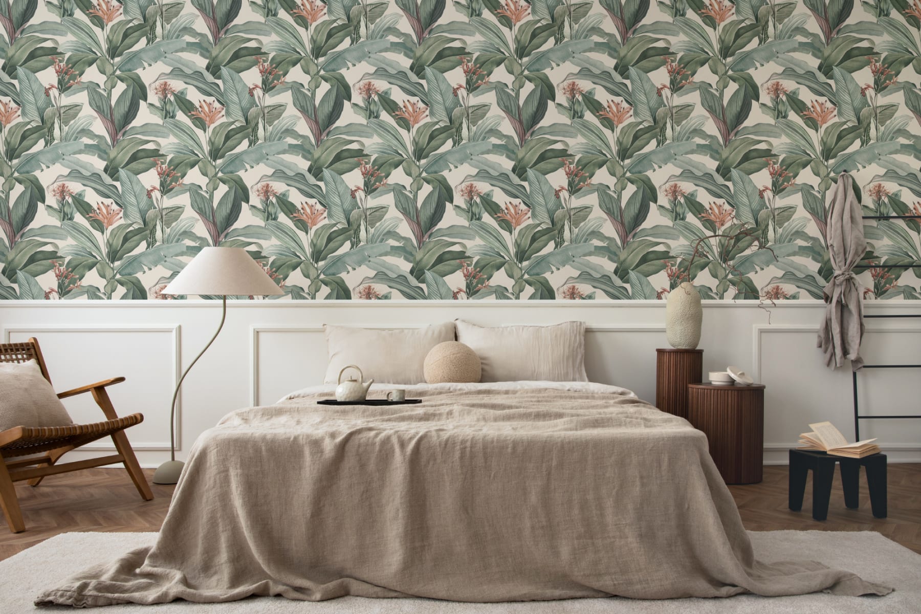 Peach & Green Vintage Tropical Repeat Pattern Wallpaper - Hovia - Hovia