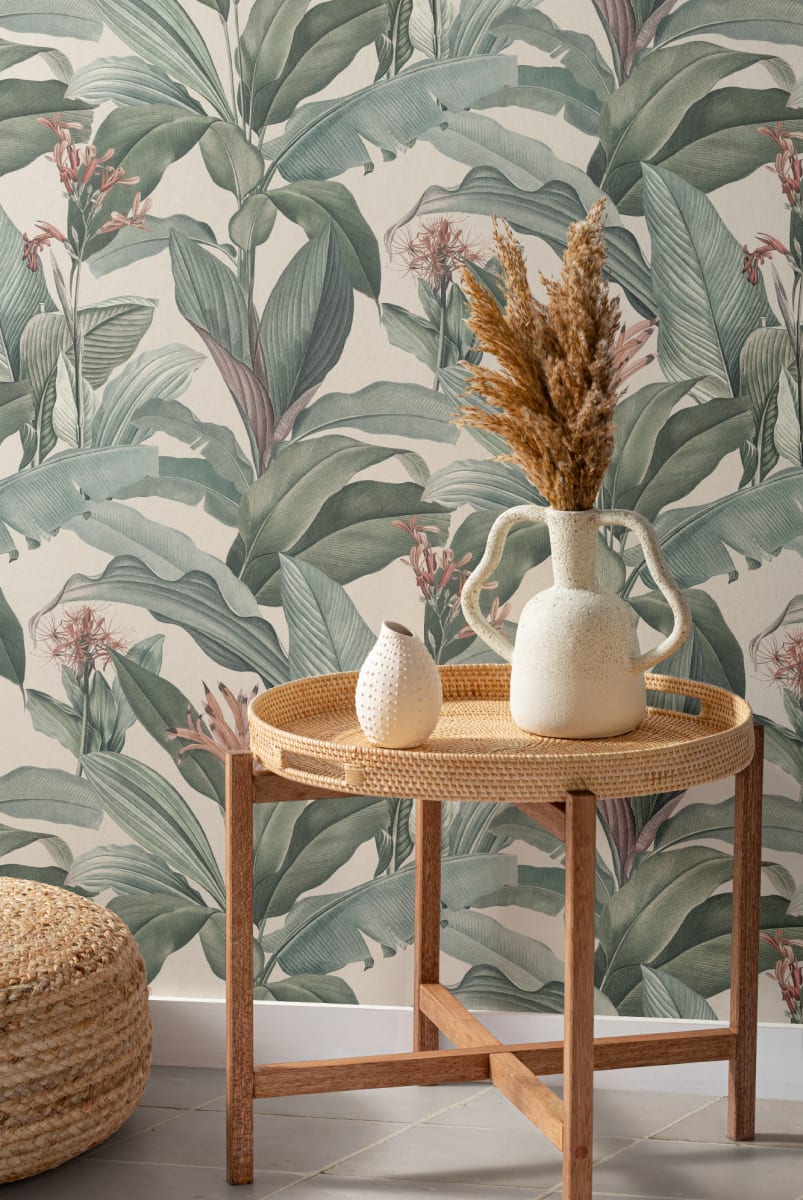 Peach & Green Vintage Tropical Repeat Pattern Wallpaper - Hovia - Hovia