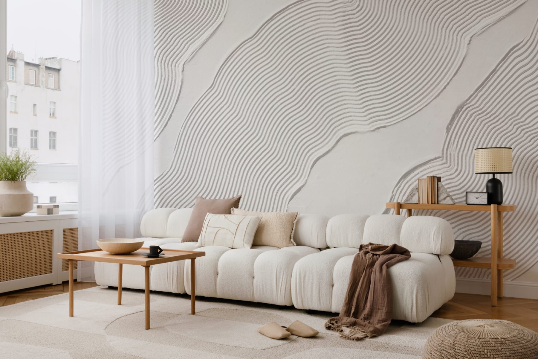 Beige Sculpted Abstract Lines Mural - Hovia
