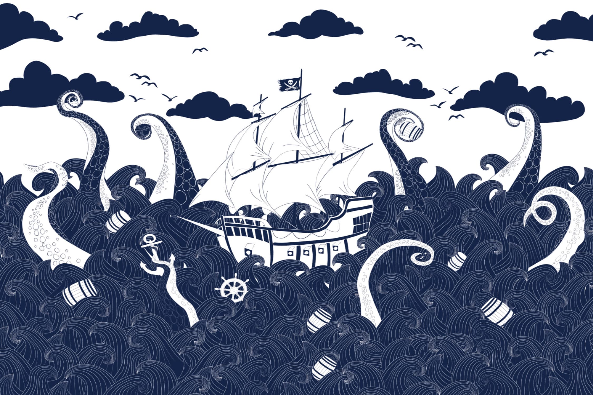 Dark Blue Pirate Ship Wallpaper Mural - Hovia