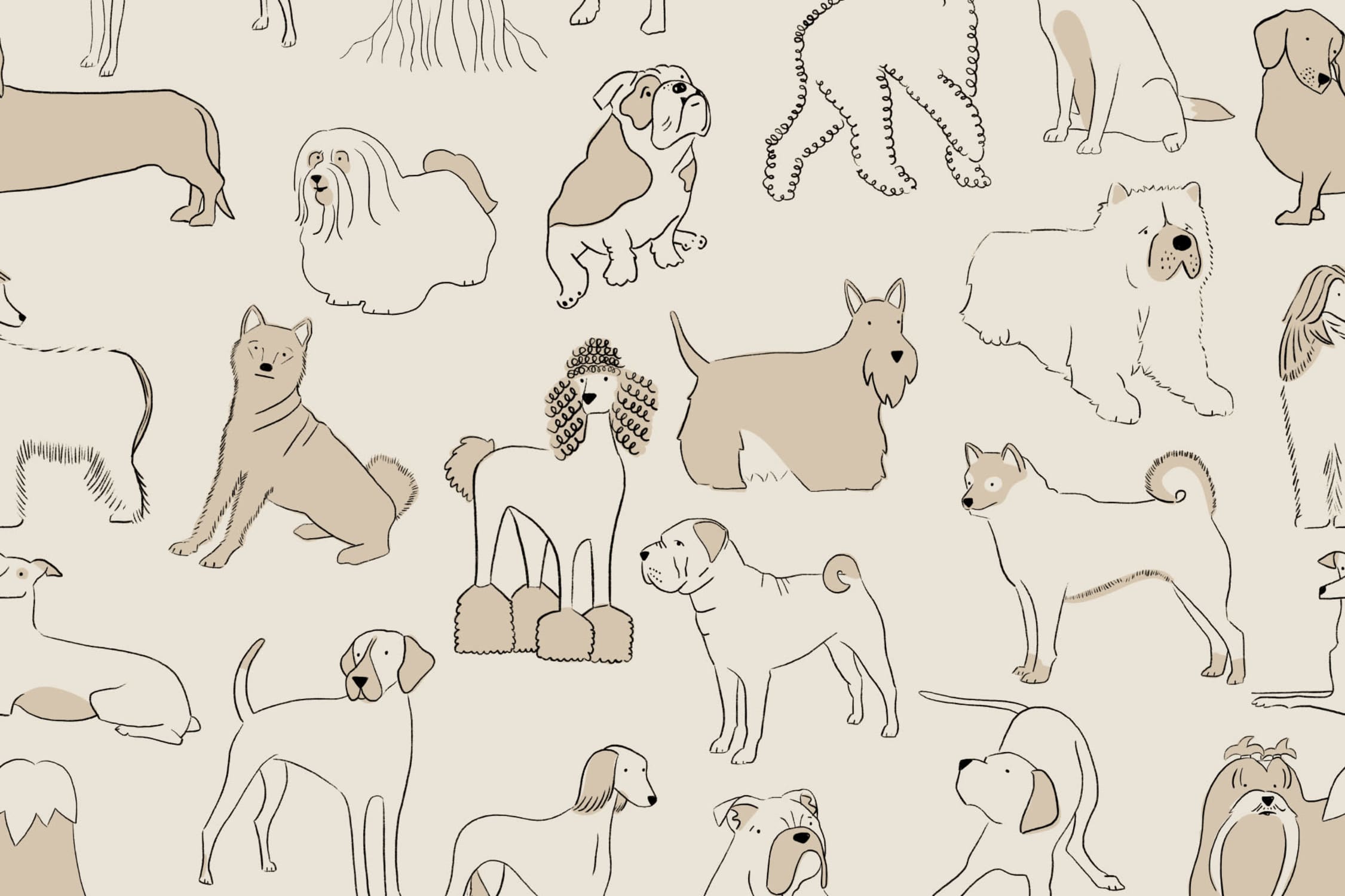 Neutral Color Bulldog & Sausage Dog Pattern Wallpaper Mural - Hovia