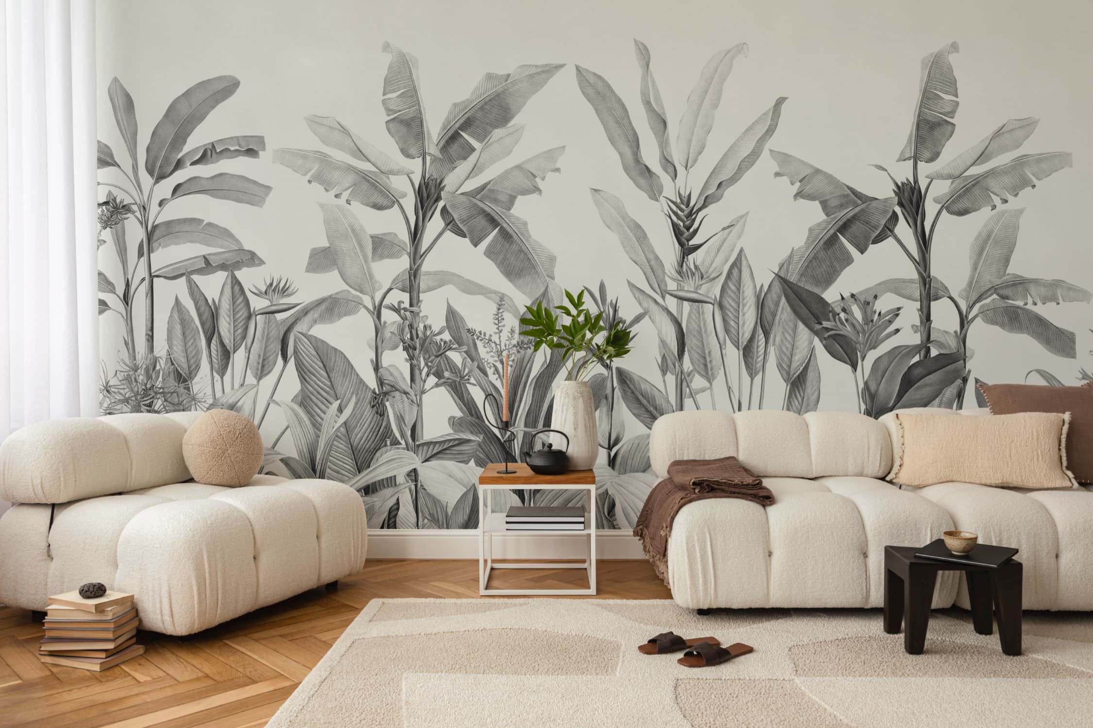 Grayscale Vintage Tropical Plants Mural - Hovia