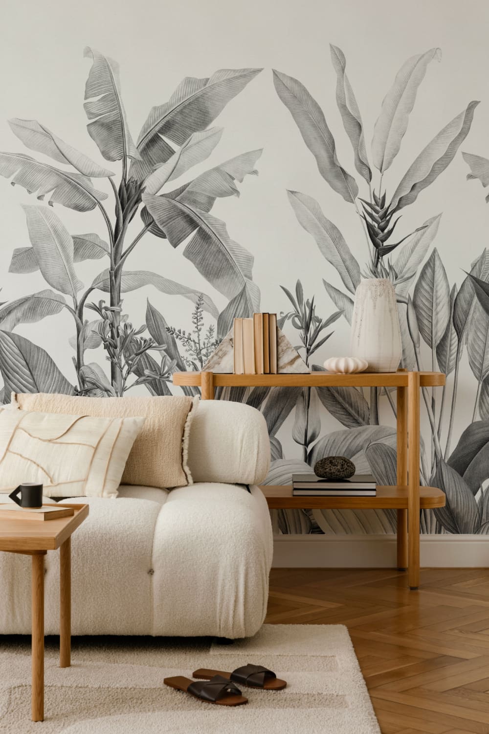 Grayscale Vintage Tropical Plants Mural - Hovia