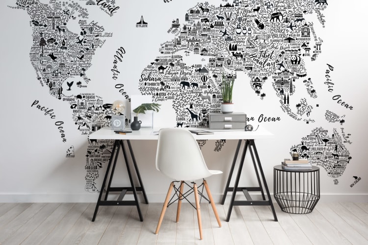 Black & White Typography Map Wallpaper Mural - Hovia