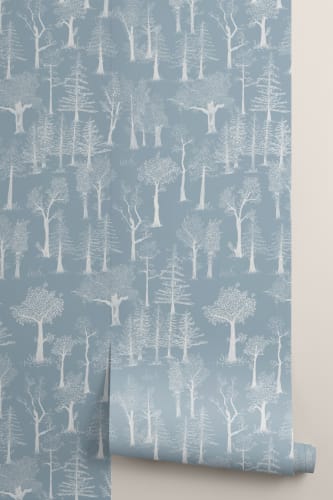 Blue Illustrated Traditional Forest Wallpaper - Hovia