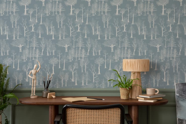 Blue Illustrated Traditional Forest Wallpaper - Hovia