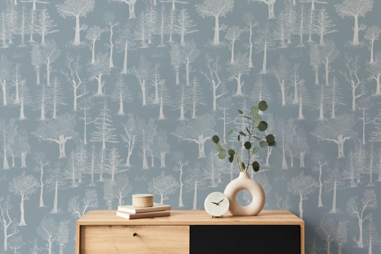 Blue Illustrated Traditional Forest Wallpaper - Hovia