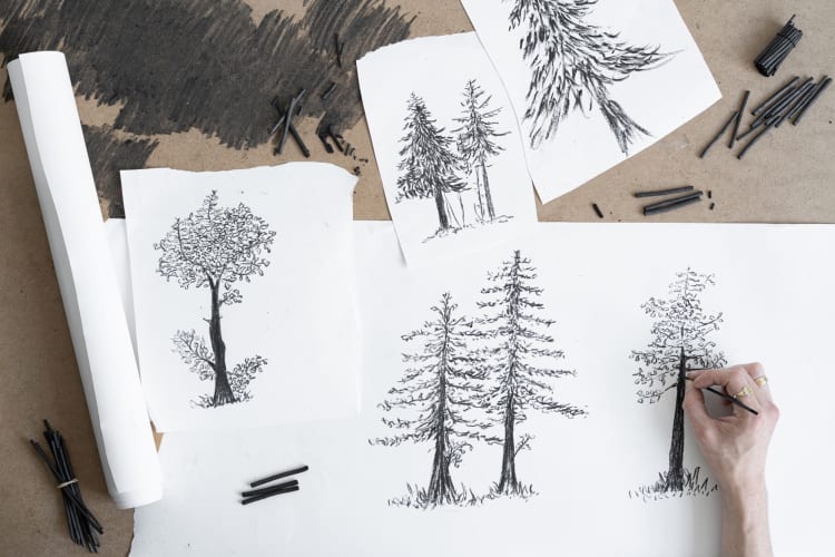 Blue Illustrated Traditional Forest Wallpaper - Hovia