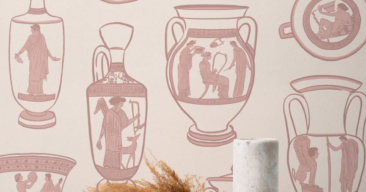Dusty Pink Ancient Greek Pottery Pattern Wallpaper Mural - Hovia
