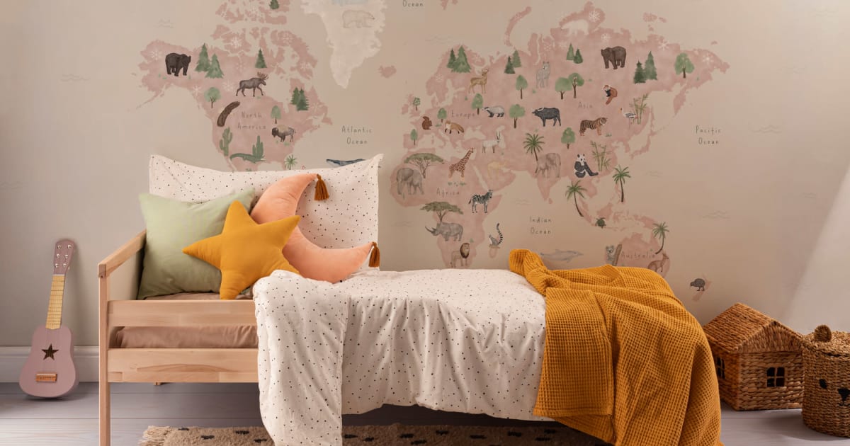 Cute Watercolor World Map Wall Mural - Hovia