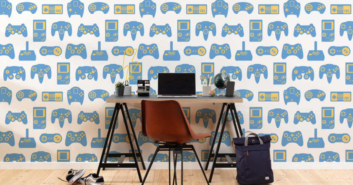Blue & White Retro Game Wallpaper Mural - Hovia