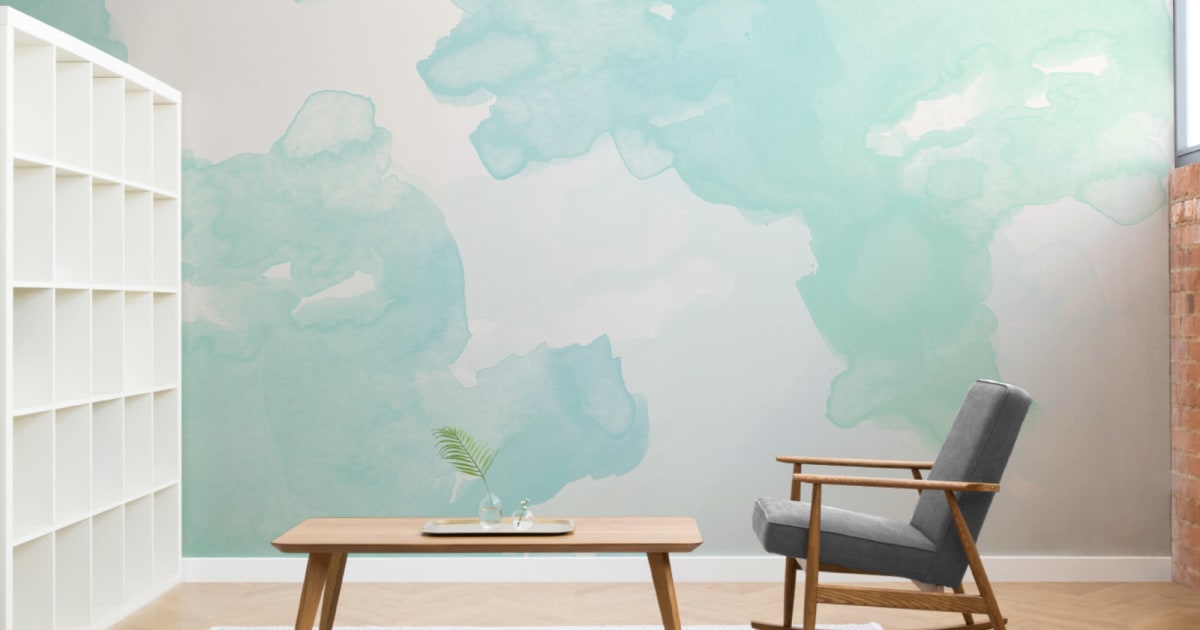 Pastel Green & Blue Ombre Watercolor Inkspill Wall Mural - Hovia