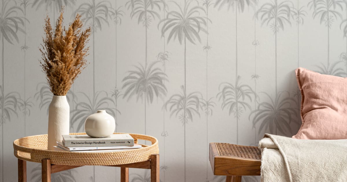 Neutral Striped Tropical Palms Wallpaper - Hovia