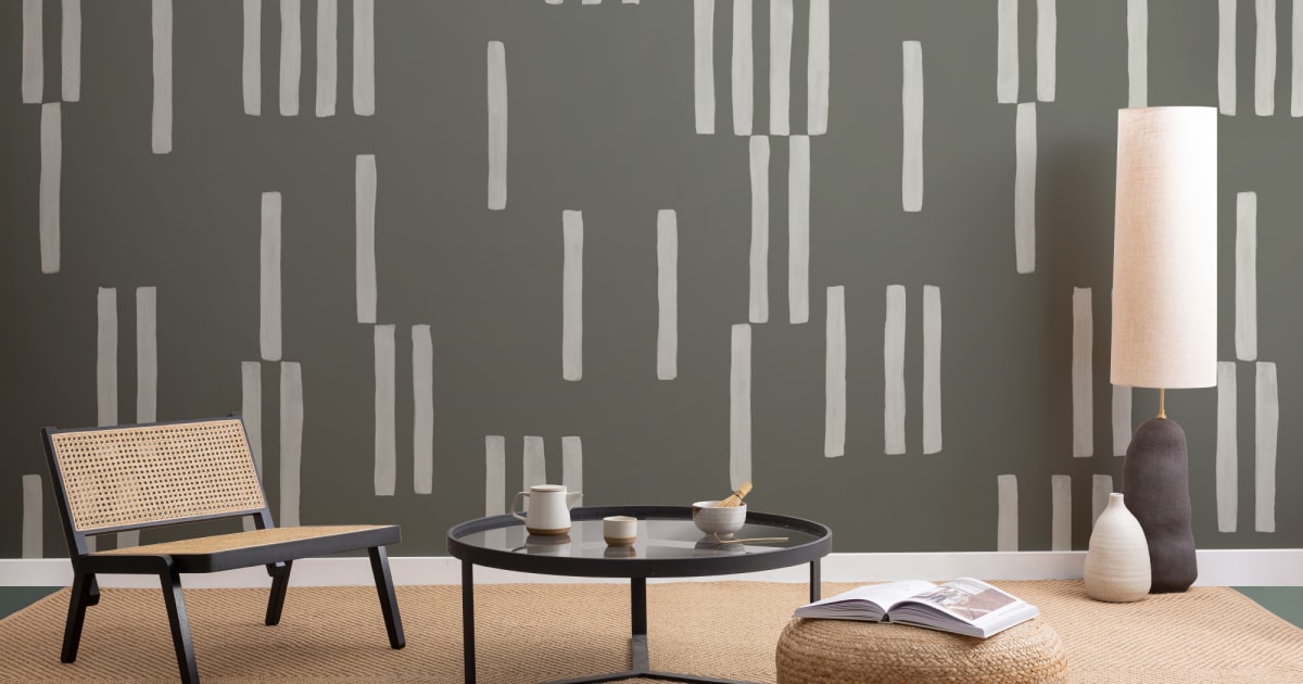 Hand Painted Line Geometric Mural In Moss Green - Hovia - Hovia