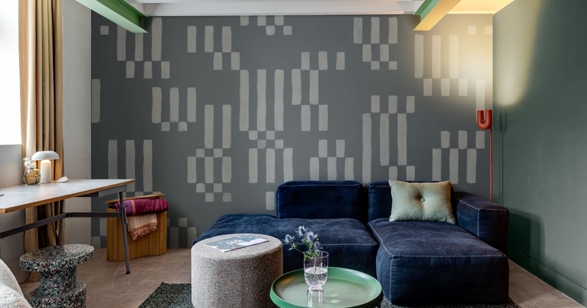 Hand Painted Block Geometric Mural In Muted Blue - Hovia - Hovia