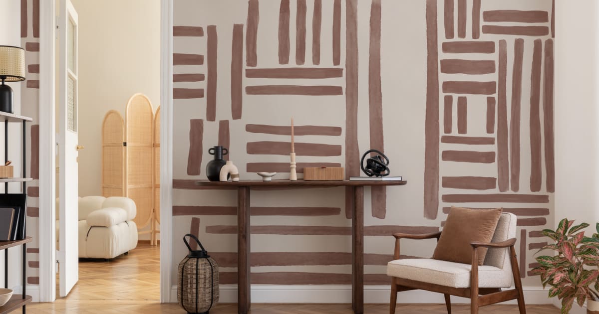 Hand-Painted Geometric Grid Stripe Mural In Terracotta - Hovia - Hovia