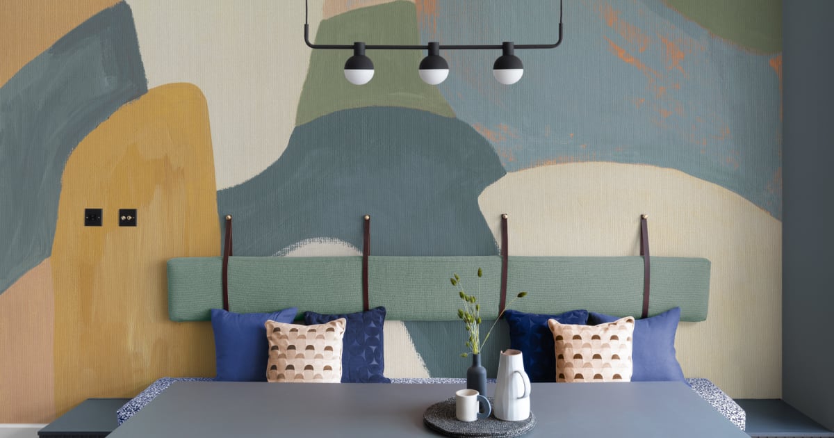 Painted Abstract Shapes Mural In Cool Blues - Hovia - Hovia