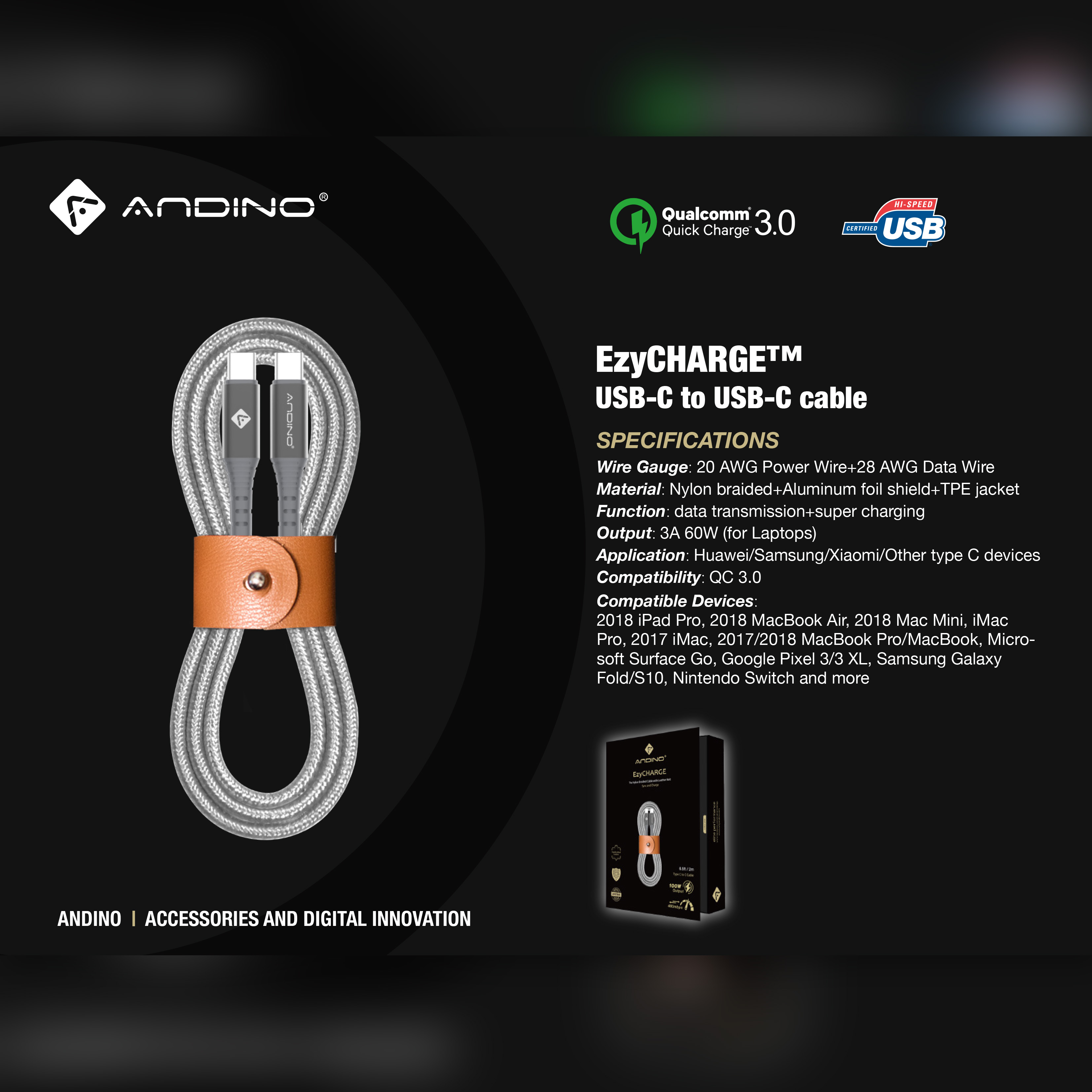 Jual Andino EzyCHARGE Type-C to Type-C Cable [3A/2m/ Braided/ Fast ...