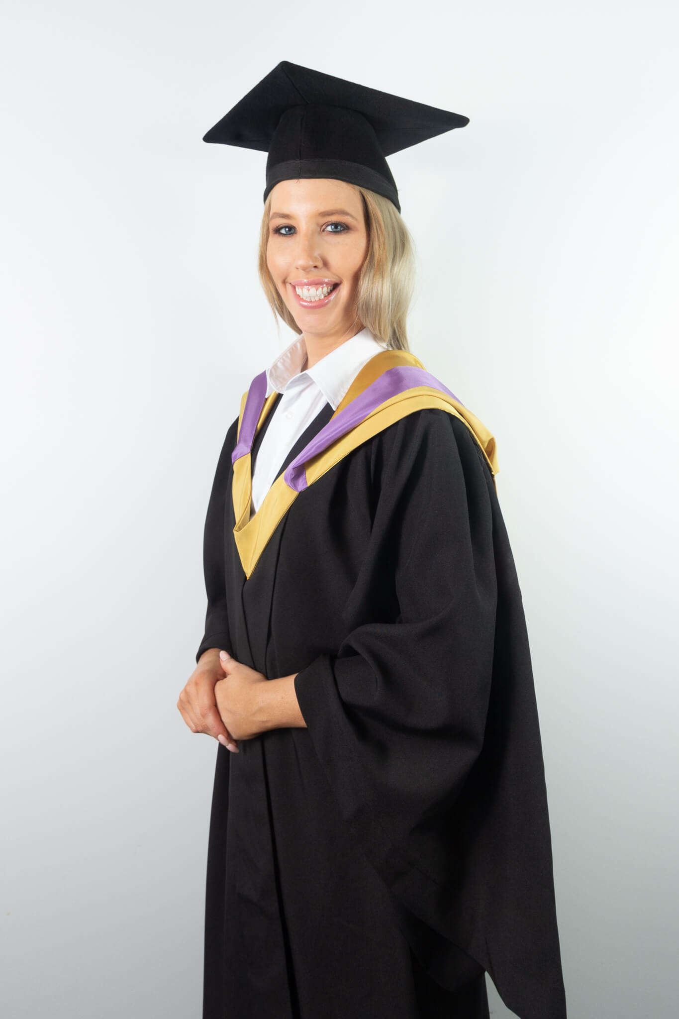 Macquarie University Bachelor of Law graduation gown set - Side view