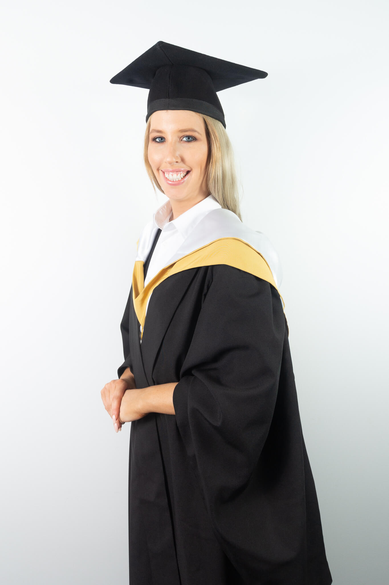 Macquarie University Master of Arts graduation gown set - Side view