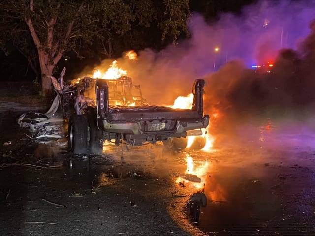 Diesel truck destroyed after catching fire in Lauderhill