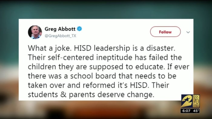 Gov. Greg Abbott tweets harsh words for HISD Gov. Greg Abbott tweets harsh words for HISD