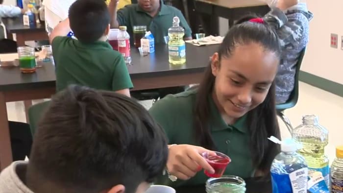 Kaiti’s Science Lab makes ‘density towers’ at Sarah King Elementary