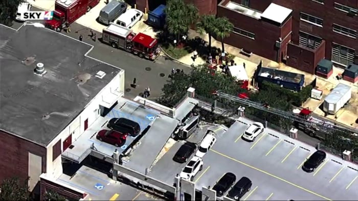 Sky4 aerials of parking garage collapse at hospital