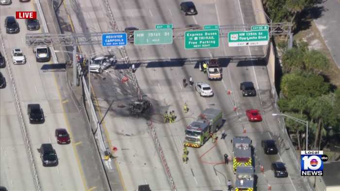 2 hospitalized after multi-vehicle fiery crash on I-95 in Miami-Dade