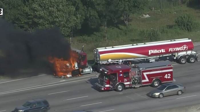 Gasoline tanker truck catches fire in east Houston