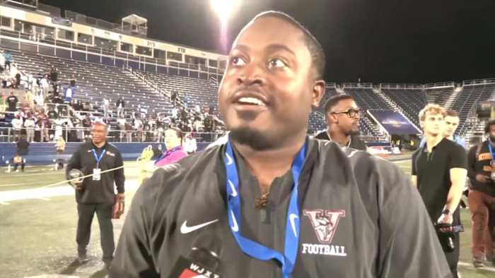 State champions! Raines HC Donovan Masline reacts to Vikings’ title win