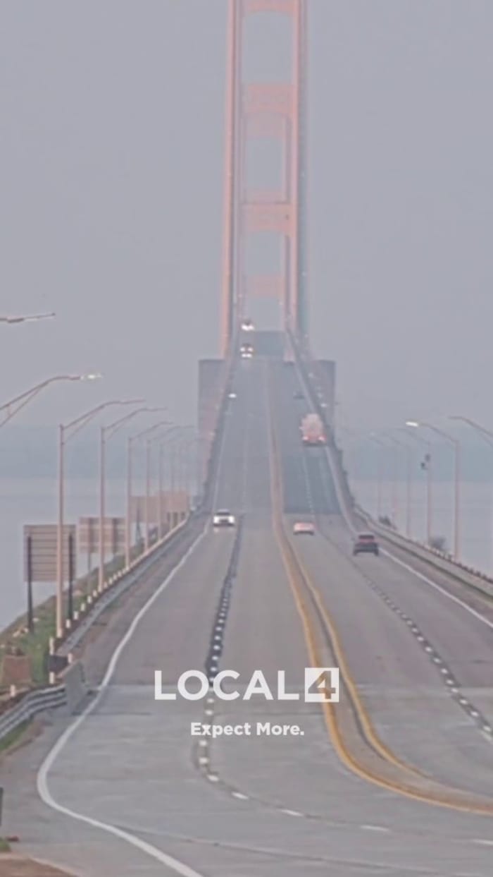 Mackinac Bridge covered in Canadian wildfire smoke
