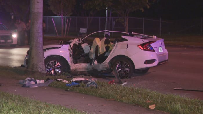 Man, woman hospitalized after car crashes into tree in northwest Miami-Dade