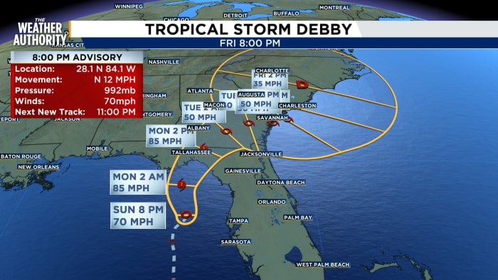 Tropical Storm Debby expected to become a hurricane soon; Tornado Watch ...