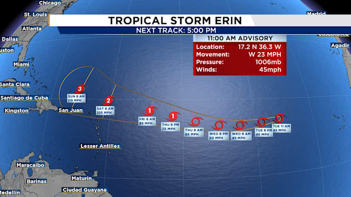 Tropical Storm Erin churns west. Livestream loop shows latest models ...
