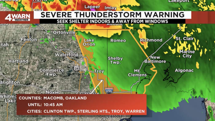 Thunderstorm warning issued for Macomb, Oakland counties Wednesday morning