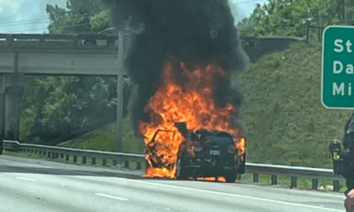 Lanes reopen after car fire on I-95 South at Racetrack Road