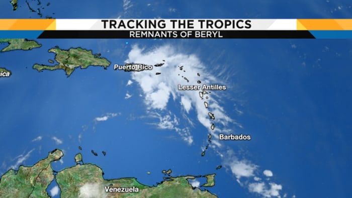 Remnants of Beryl moving over Puerto Rico, the Virgin Islands