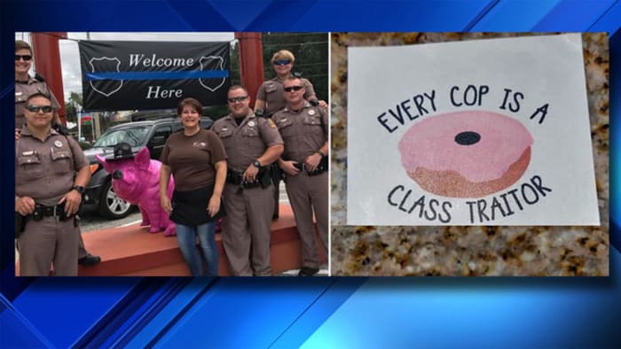 Vandals replace pro-police sign with anti-police stickers, business says