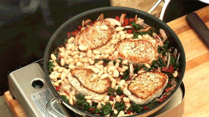 HEB Pork Chops with Garlic Rainbow Chard & White Beans
