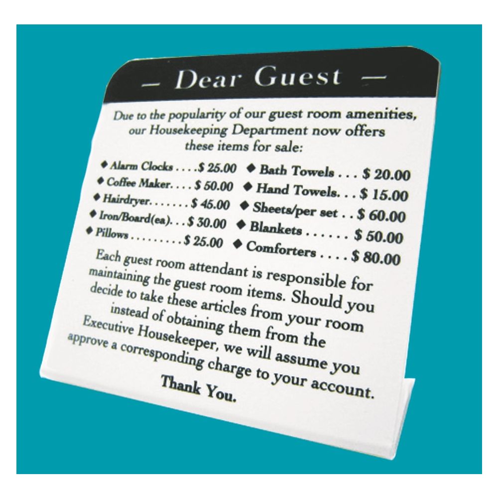 GuestSupply US | Sign - Dear Guest/10 Amenities Easel, 4Wx4H, White ...