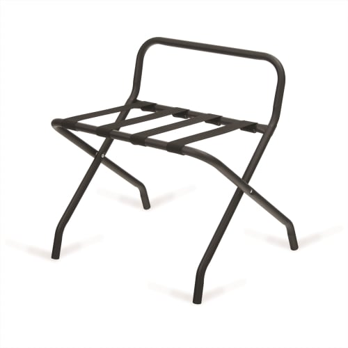 GuestSupply US | Steel High Back Luggage Rack, Black with Black Straps