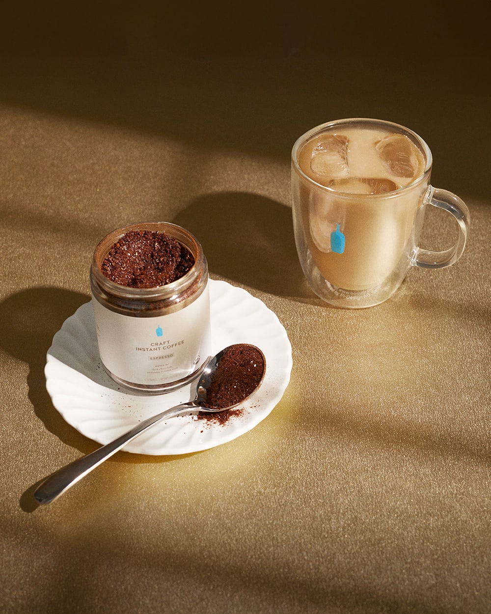 instant latte in a glass mug