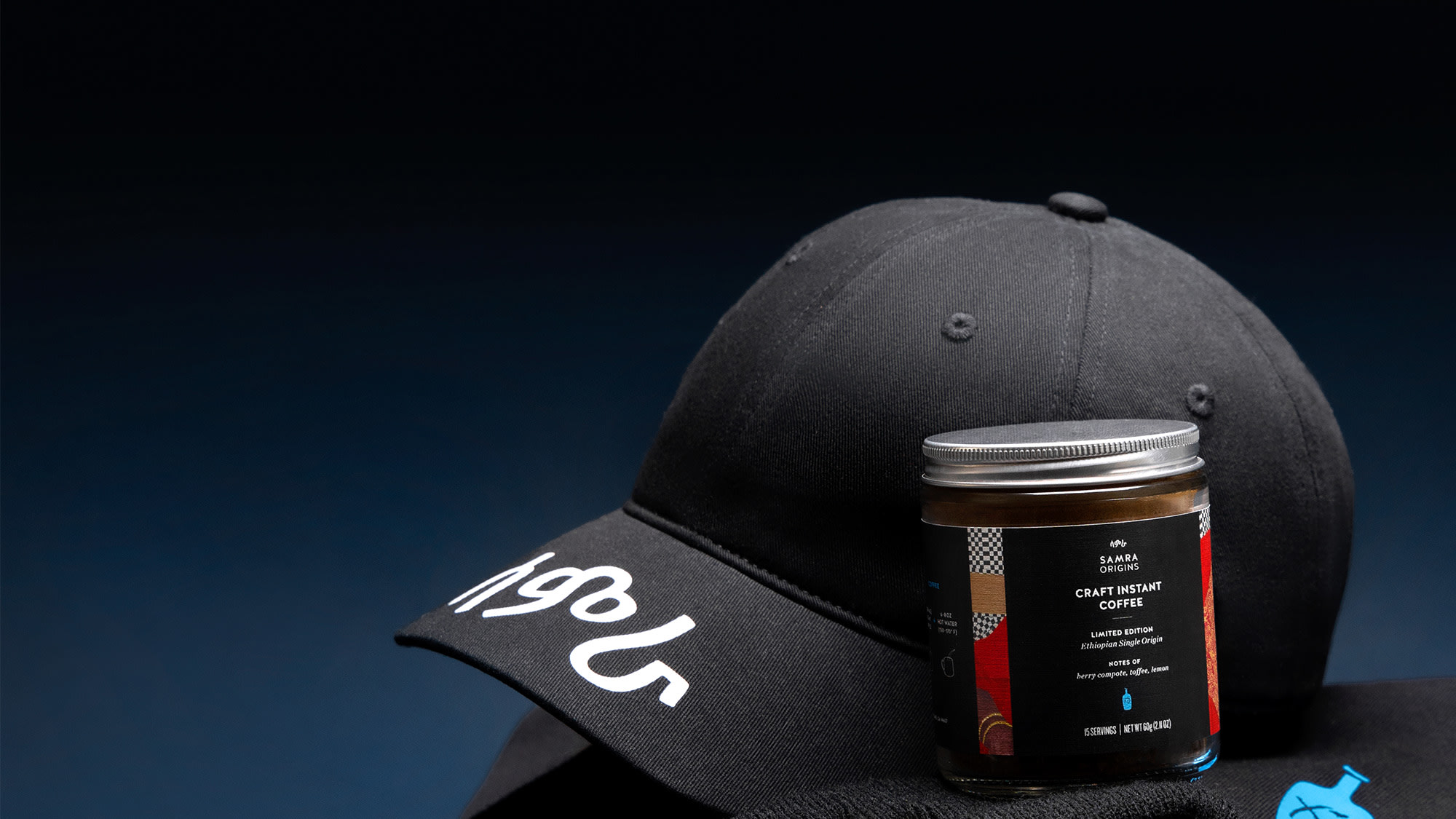 Samra Origins Craft instant coffee with samra XO logo dad cap