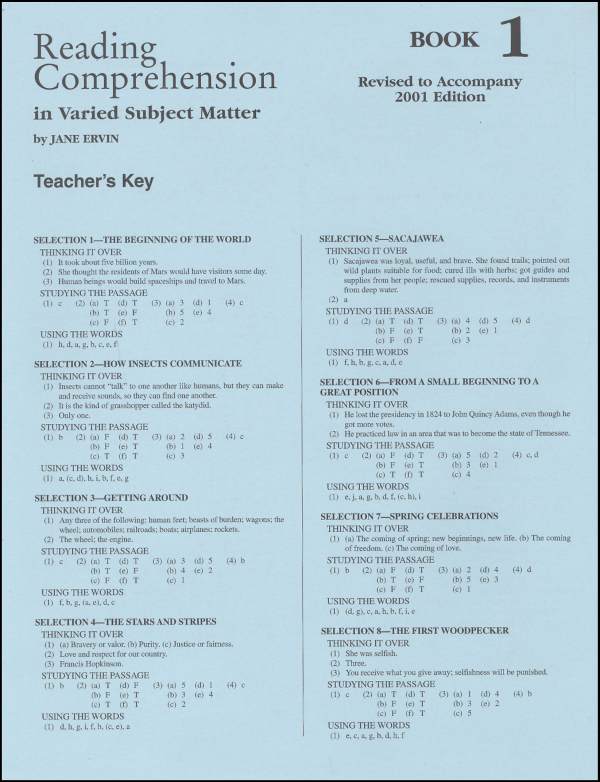 Reading Comprehension Book 1 Teacher Key