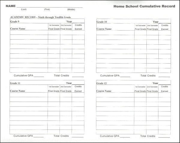 Home School Cumulative Record
