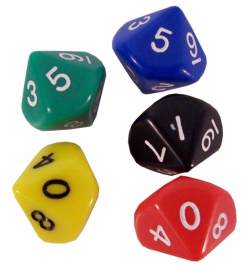 Decahedra Dice (10 Sided) 2 ea of 5 colors