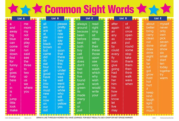 Common Sight Words Placemat