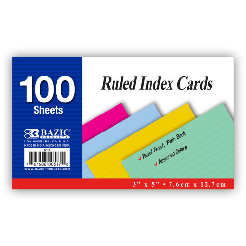 Ruled Colored Index Cards (3 x 5 ) 100 Count